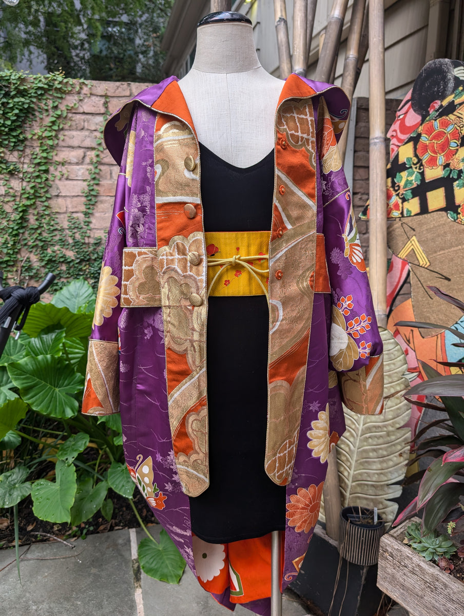 "Hooded Cocoon Coat Dress" Reimagined Vintage Kimono - Kimono Zulu Art