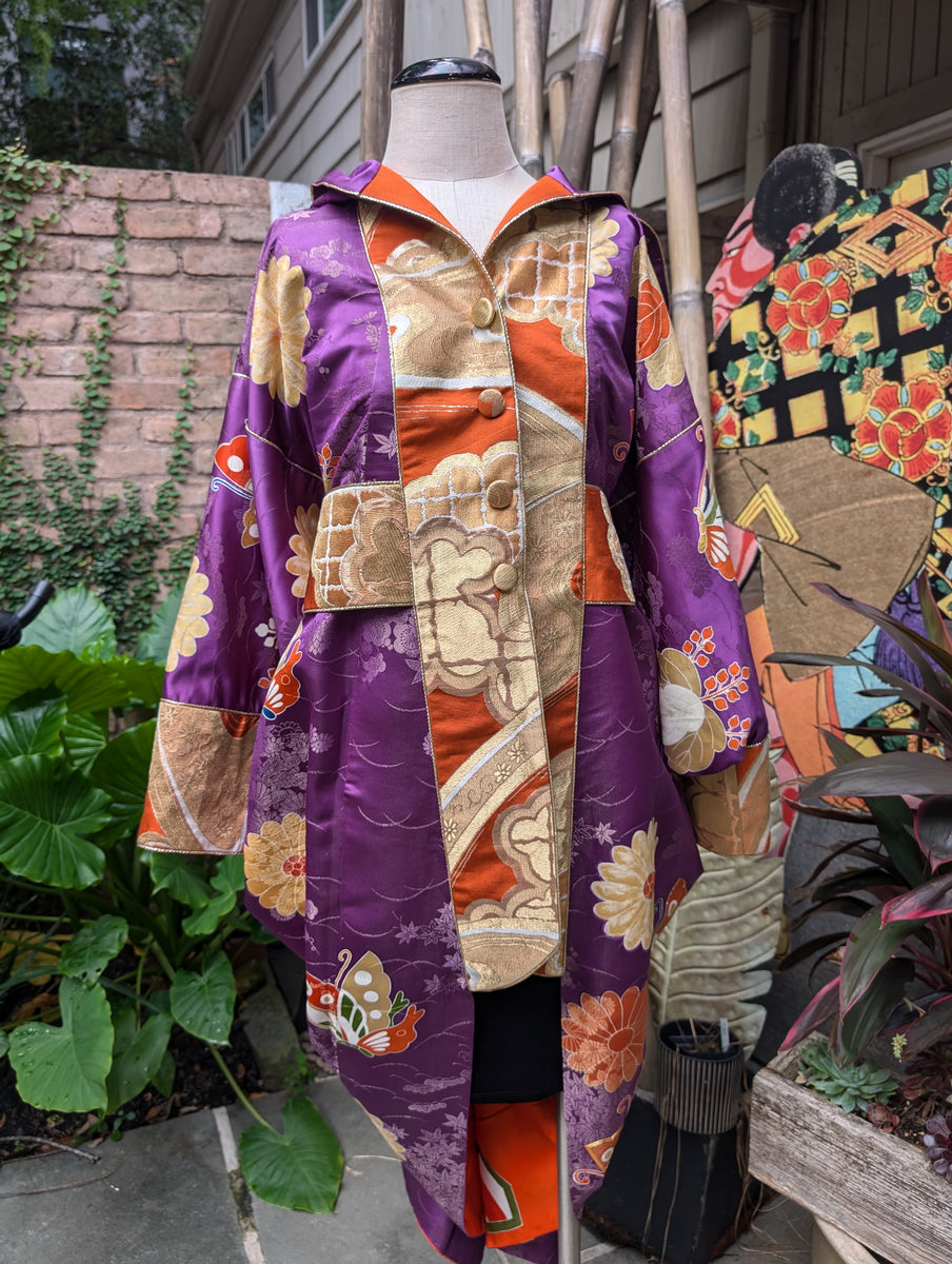 "Hooded Cocoon Coat Dress" Reimagined Vintage Kimono - Kimono Zulu Art